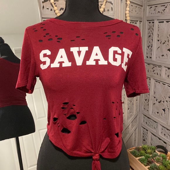 Tops | 9s Ripped Savage Burgundy Crop Top Soft And Thin Casual T | Poshmark